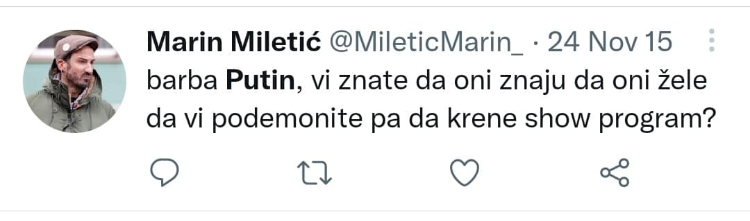 OVAKO JE MOSTOV MILETIĆ PISAO 2015.: ‘ROKAJ BARBA PUTIN, SAMO ROKAJ ...